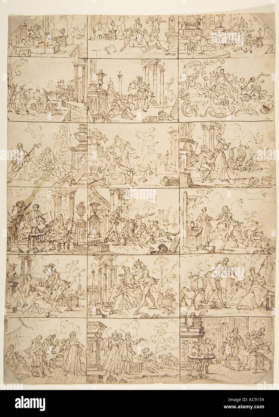 Dix-huit scènes de la pariade (recto), étude de deux hommes Réunion ...