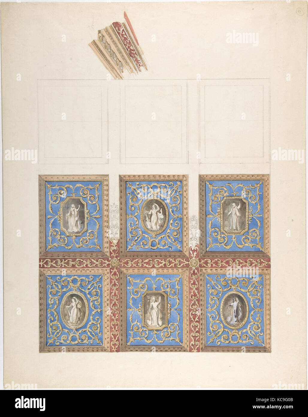 Plafond sculpté et peint avec six médaillons de dessins, pour le ...