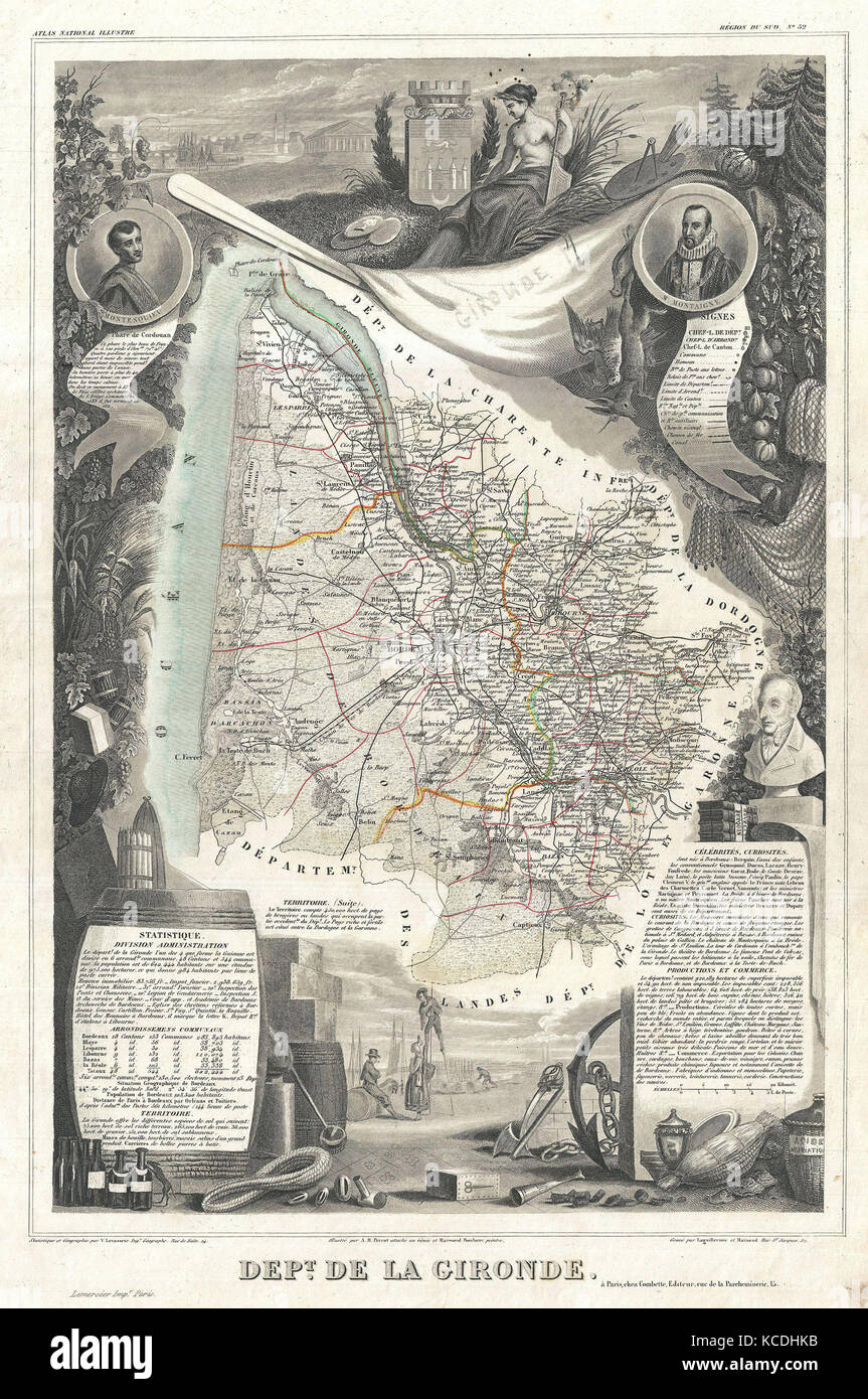 1852, Levasseur Plan du Département de la Gironde, Bordeaux Wine Region ...