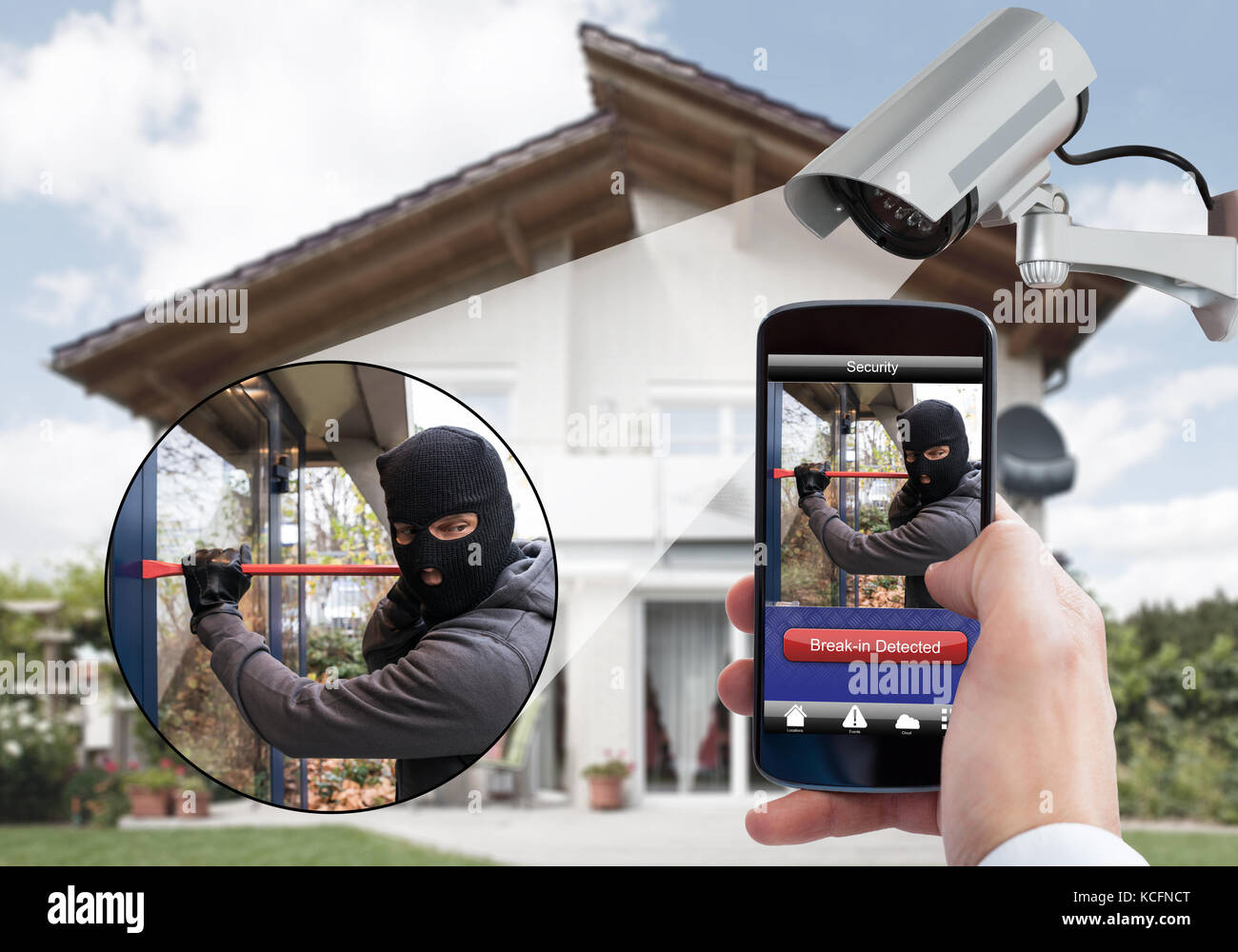 Personne hand holding mobile phone détecter cambrioleur dans système de ... Personne hand holding mobile phone détecter cambrioleur dans système de ...