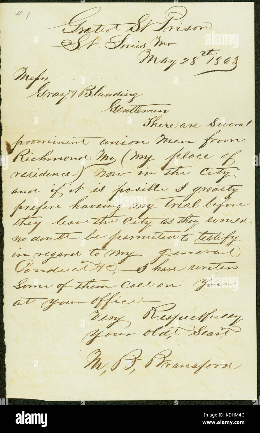 Lettre de M.B. Bransford, Gratiot, Prison de la rue Saint Louis, Mo ...