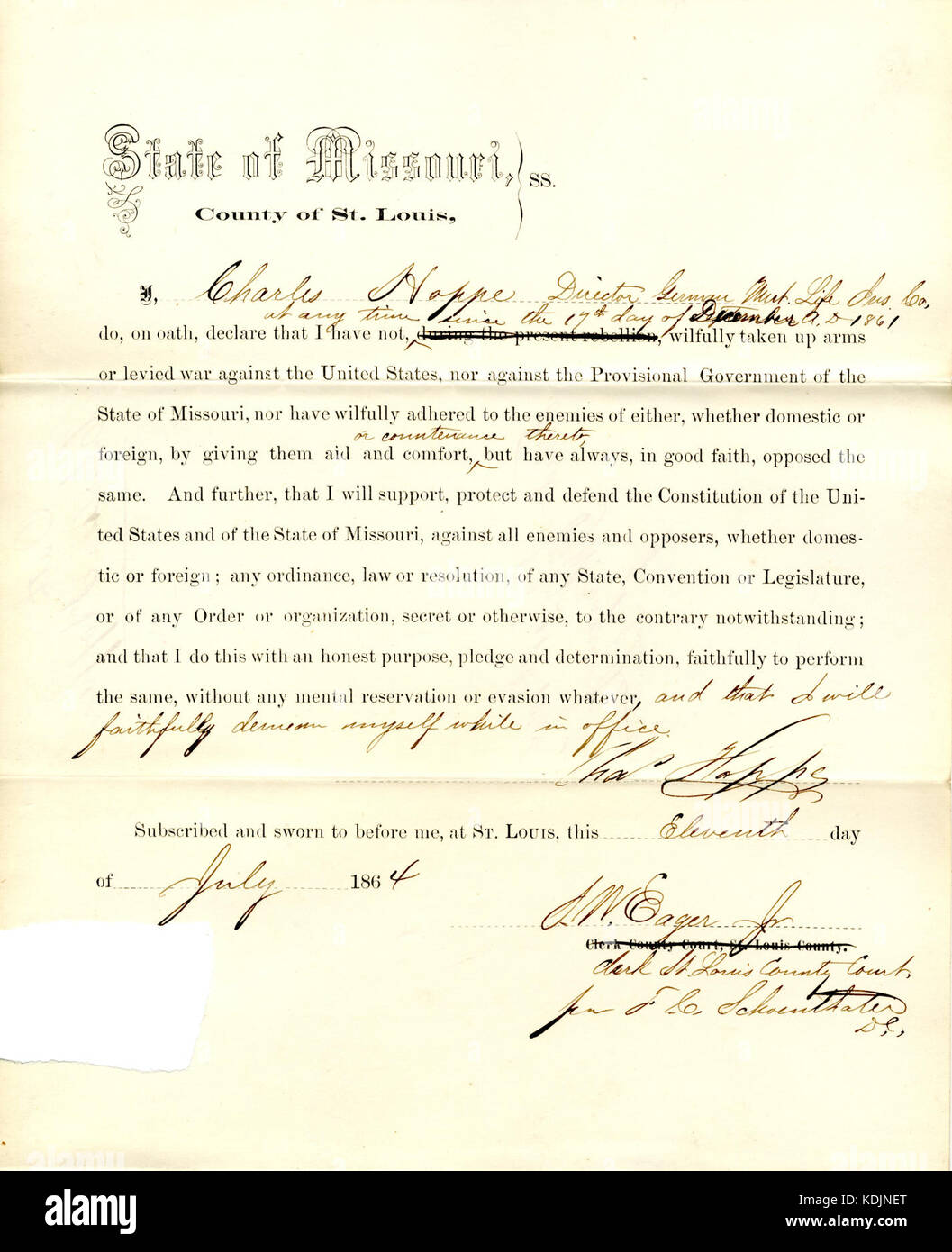 Serment de fidélité de Charles Hoppe du Missouri, dans le comté de ...