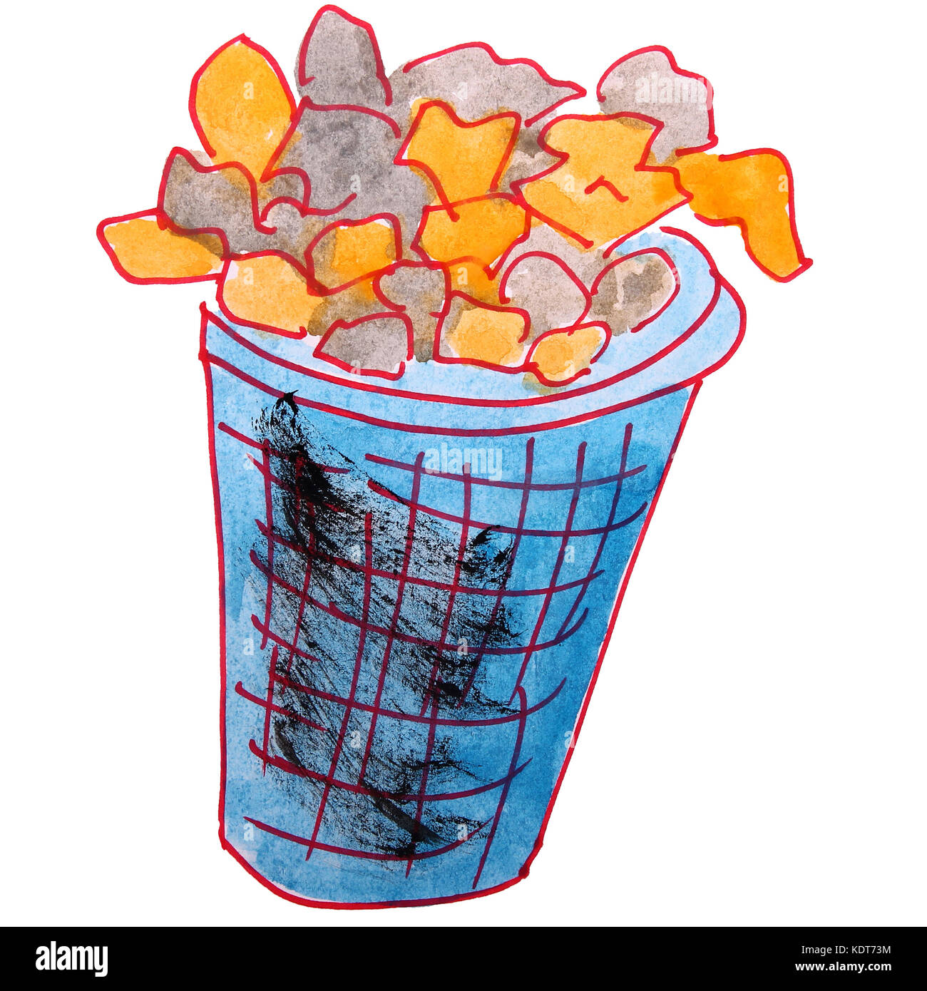 Aquarelle sur papier dessin corbeille poubelle wad cartoon style isoler ...