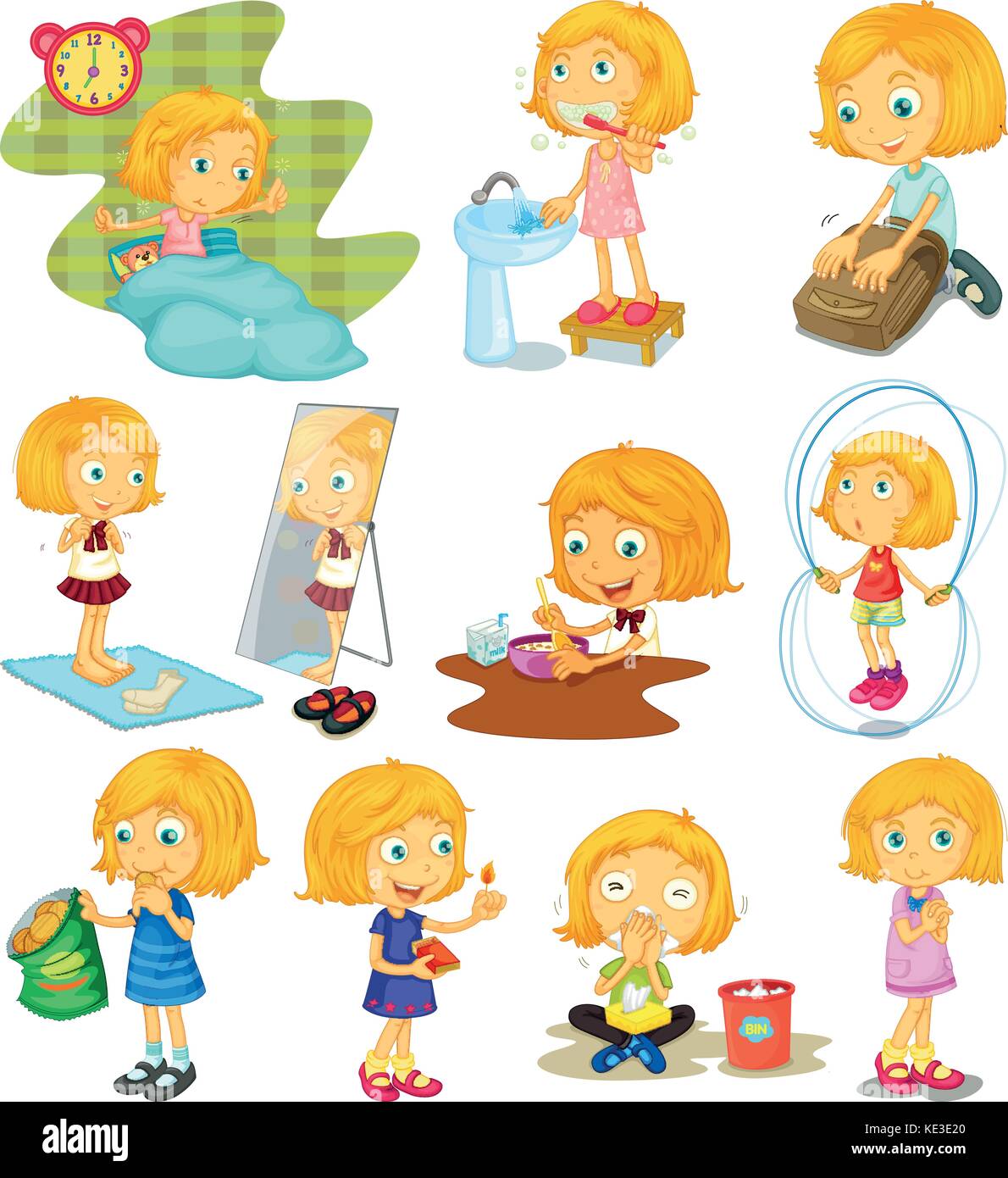 Routine quotidienne d'une fille illustration Image Vectorielle Stock ...