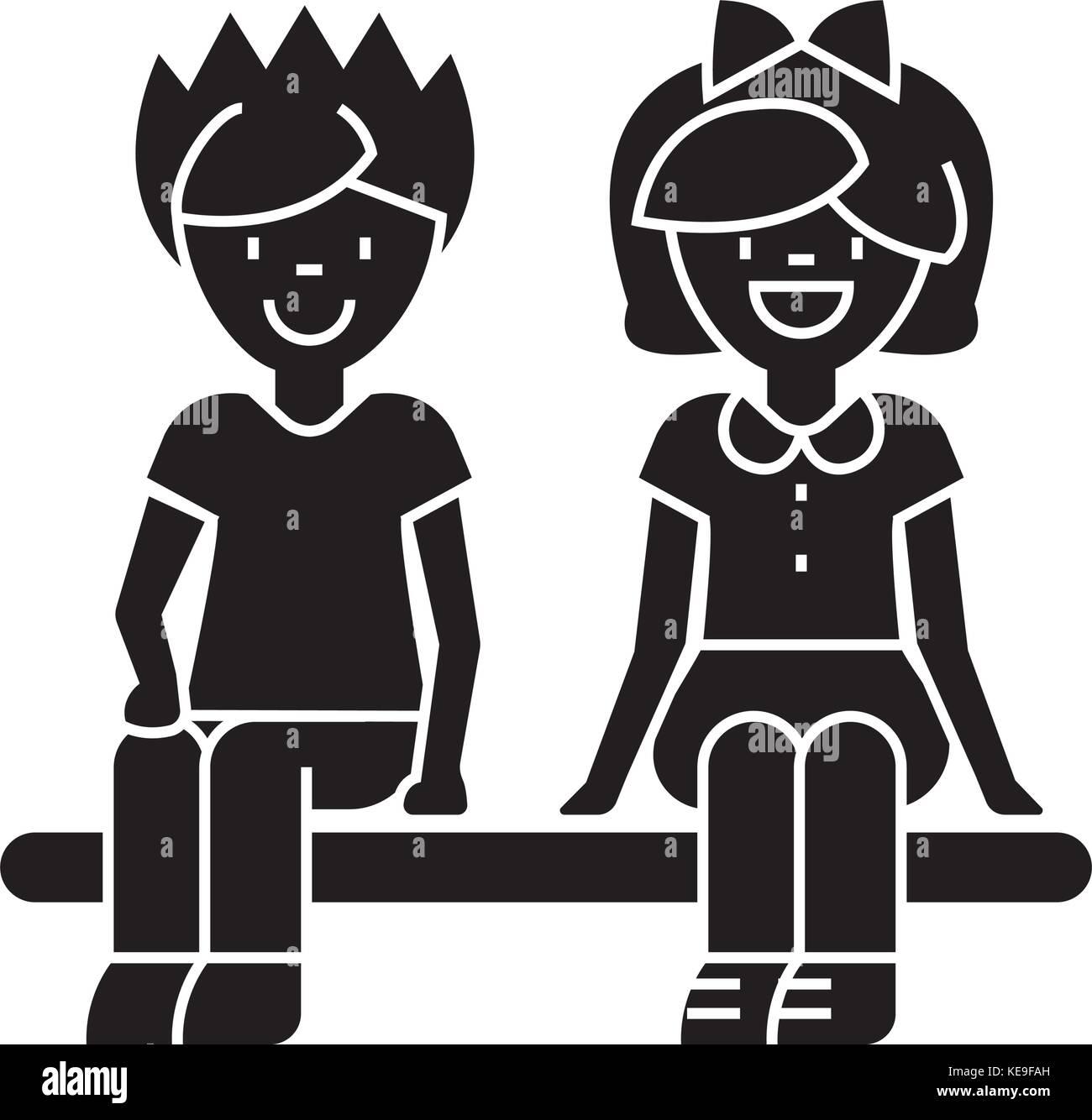 Les enfants heureux assis sur un banc, garçon et fille, icône ...
