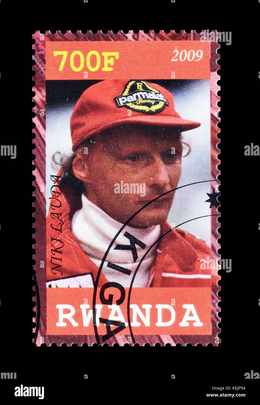 Timbre-poste oblitéré imprimé par le Rwanda, qui montre Niki Lauda ...