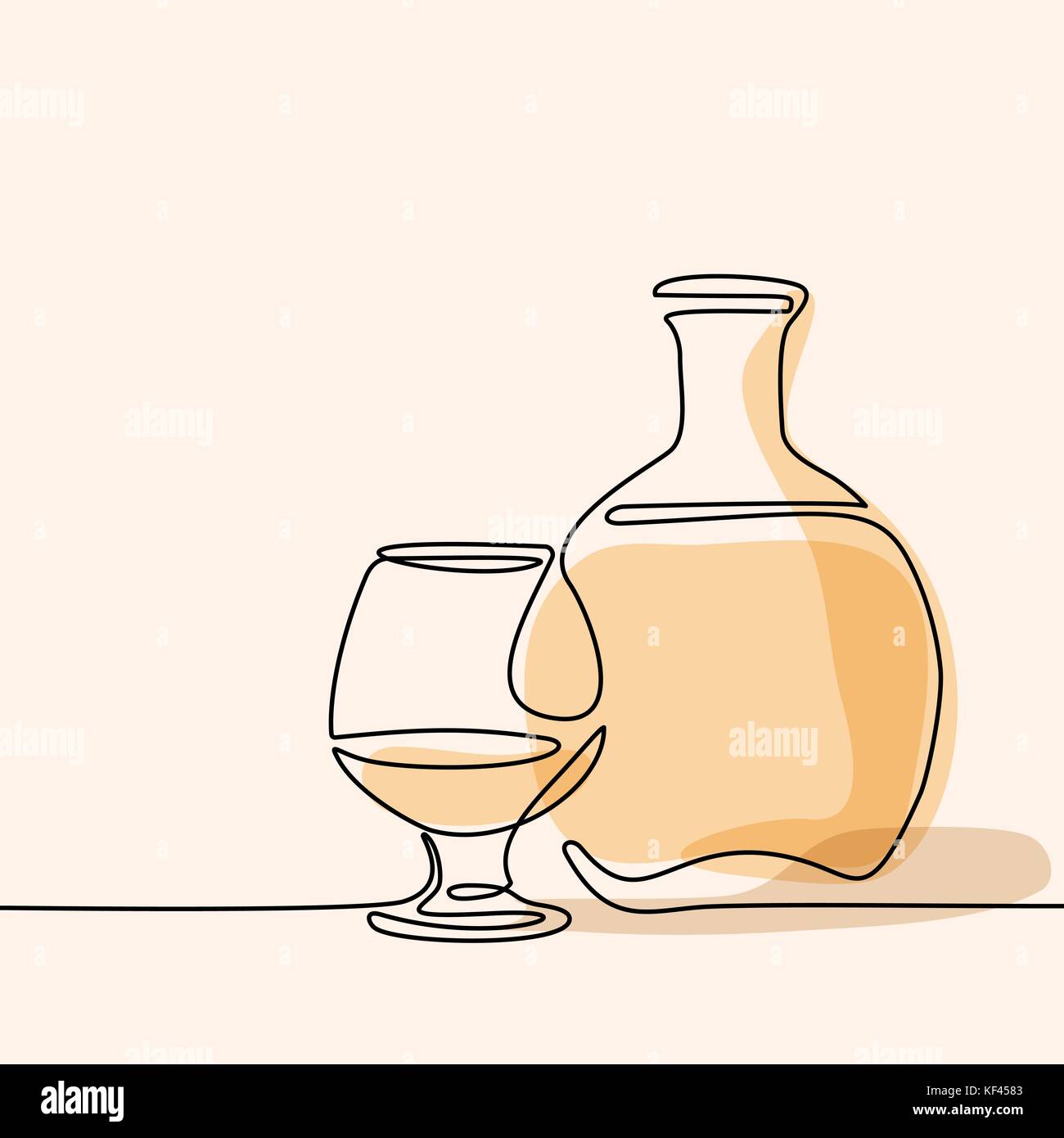 Bouteille de cognac et de verre isolé sur fond blanc. ligne continue ...