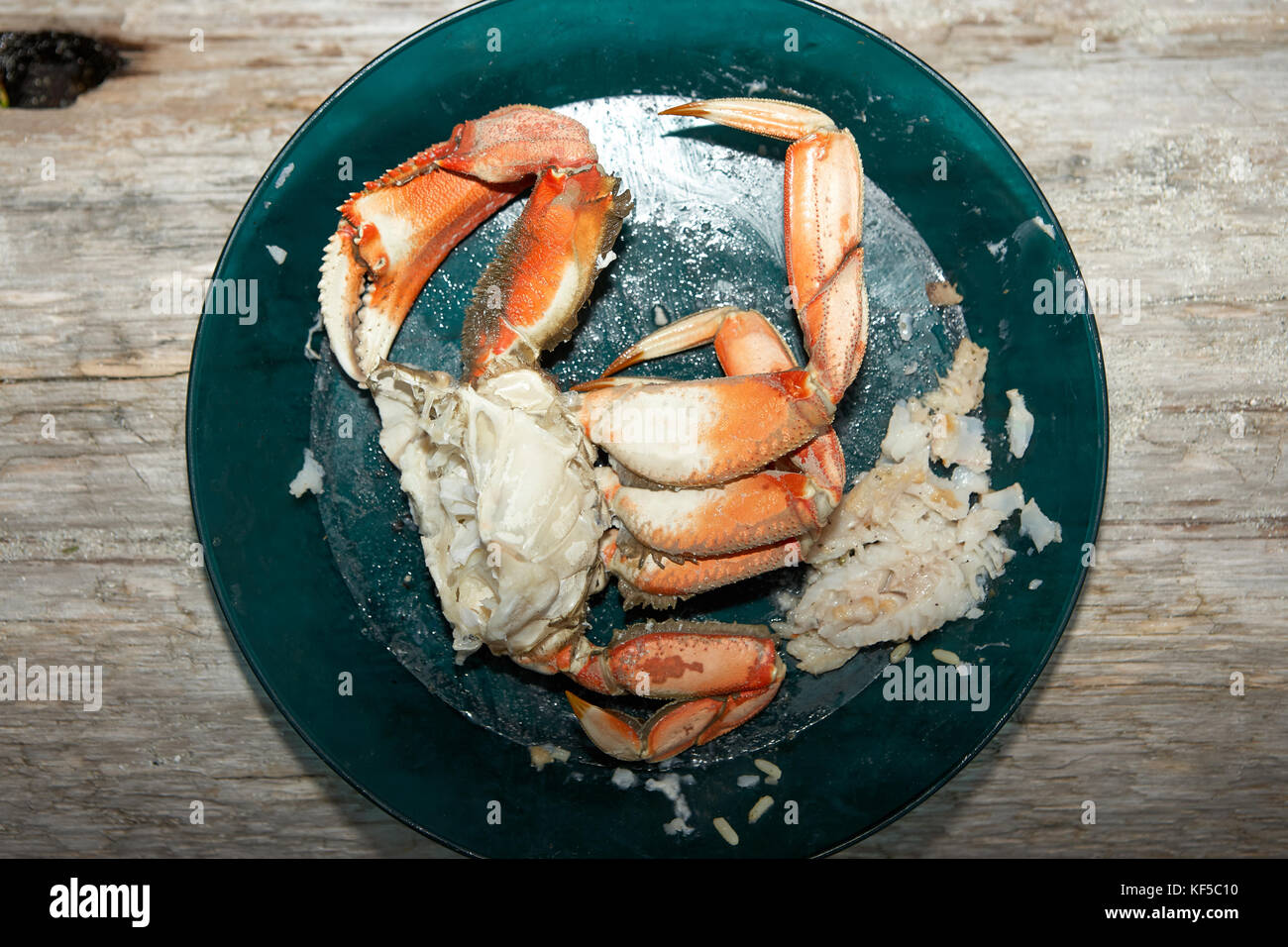 La moitié d'un petit crabe marin sur une plaque montrant une seule ...