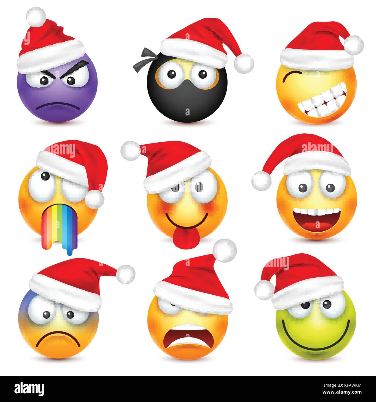 Smiley emoticon,set. avant jaune avec les émotions et de noël hat ...