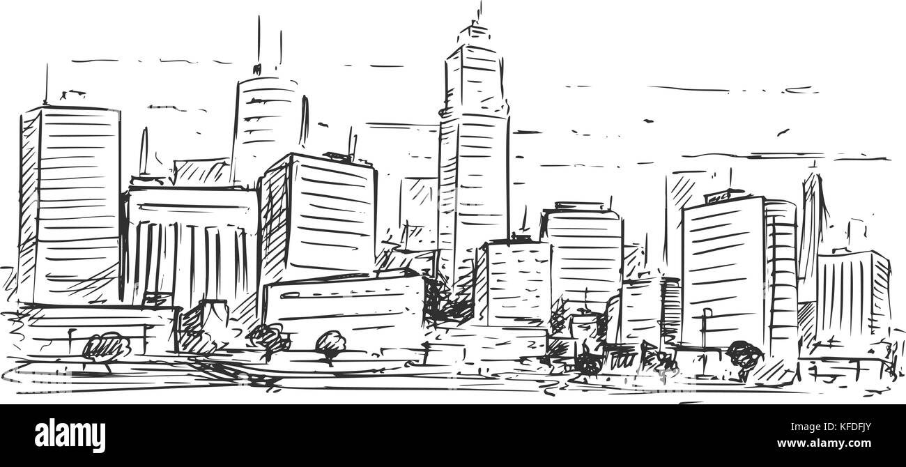 Vector cartoon sketchy dessin d'une tour de ville paysage urbain avec ...