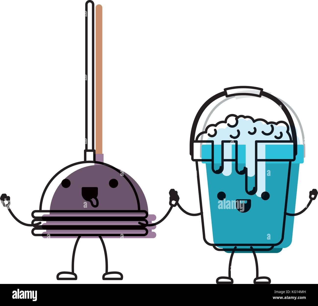 Kawaii cartoon toilettes pompe et seau avec de l'eau savonneuse holding ...