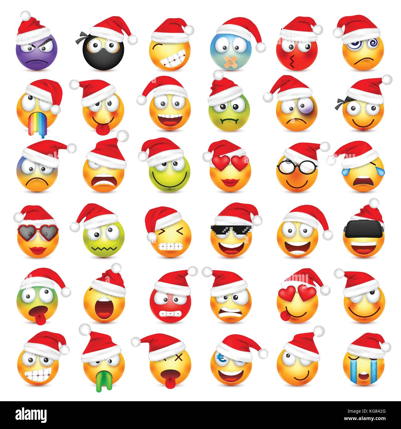 Smiley emoticon,set. avant jaune avec les émotions et de noël hat ...