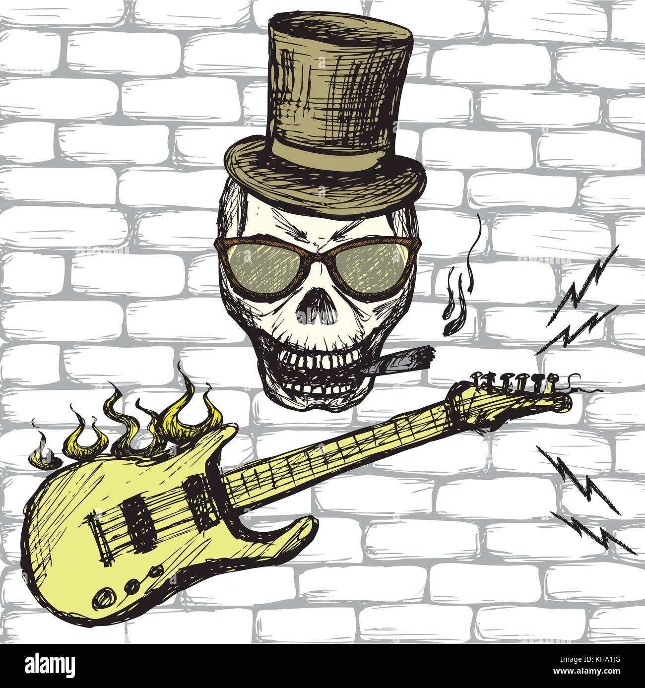 Rock and Roll crâne dans hat et verres ,guitare . dessin à la main ...