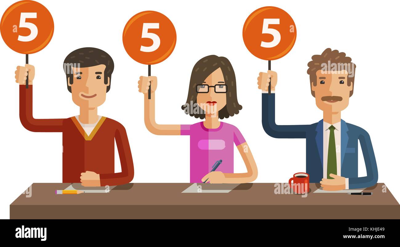Groupe de juges jury. Les gens tiennent des cartes de score ...