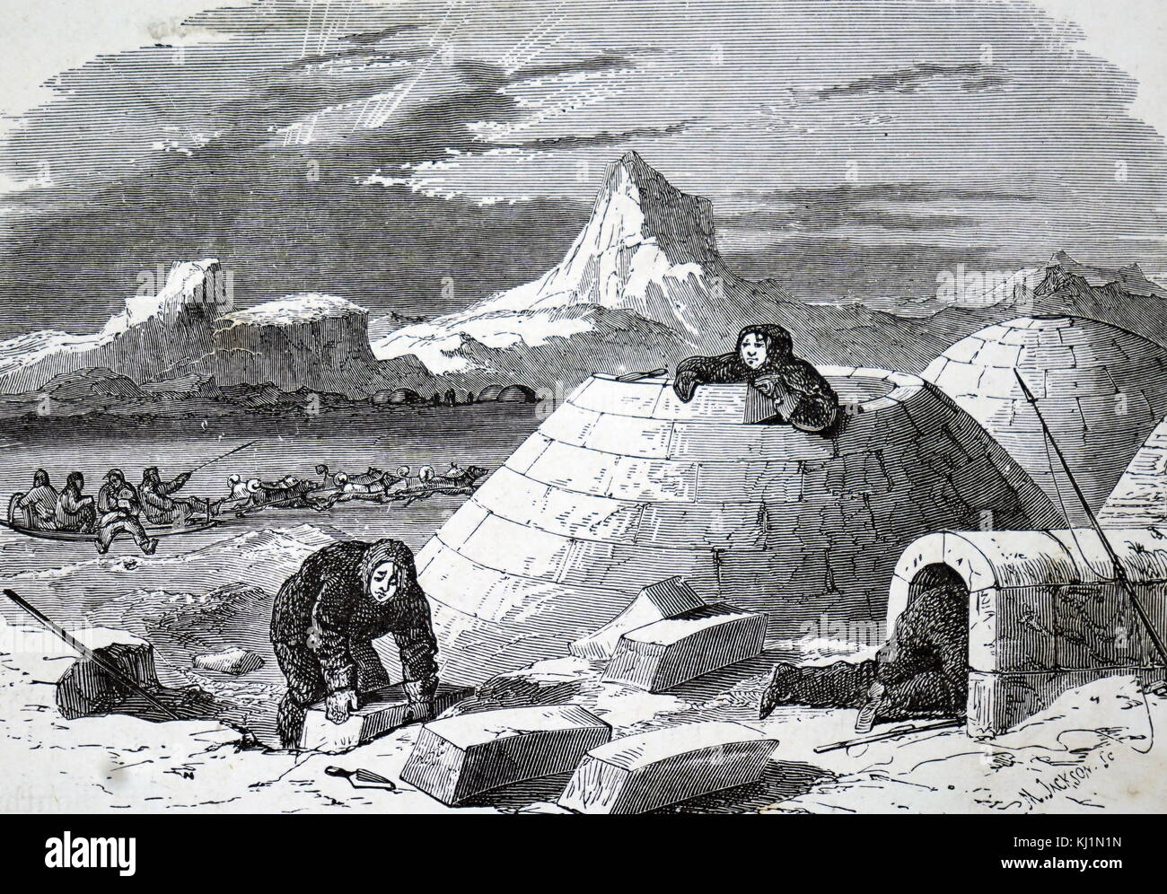 Gravure représentant un esquimau faire un igloo. Les Esquimaux sont les ...