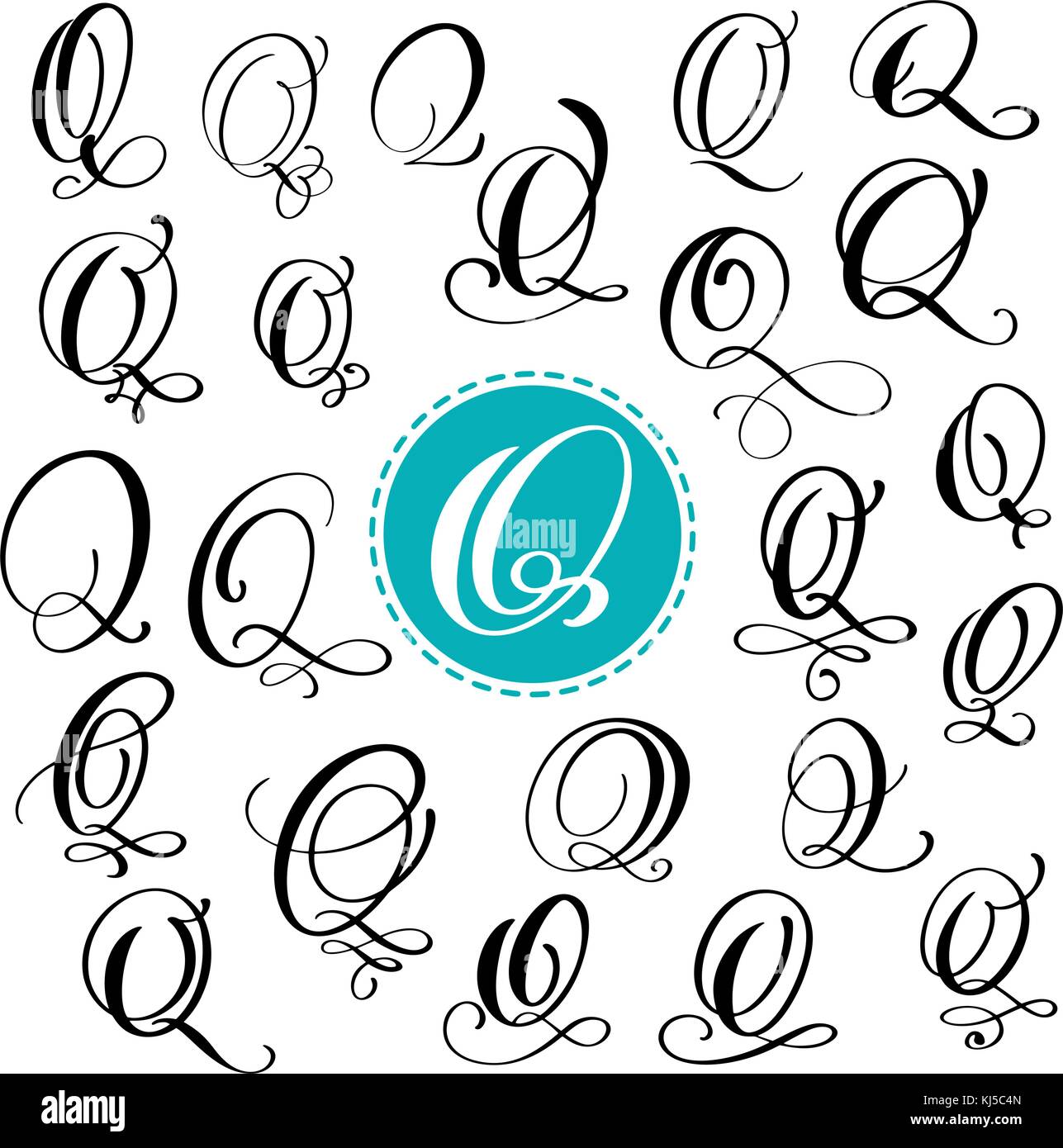 Définir lettre q. hand drawn vector s'épanouir la calligraphie. script ...