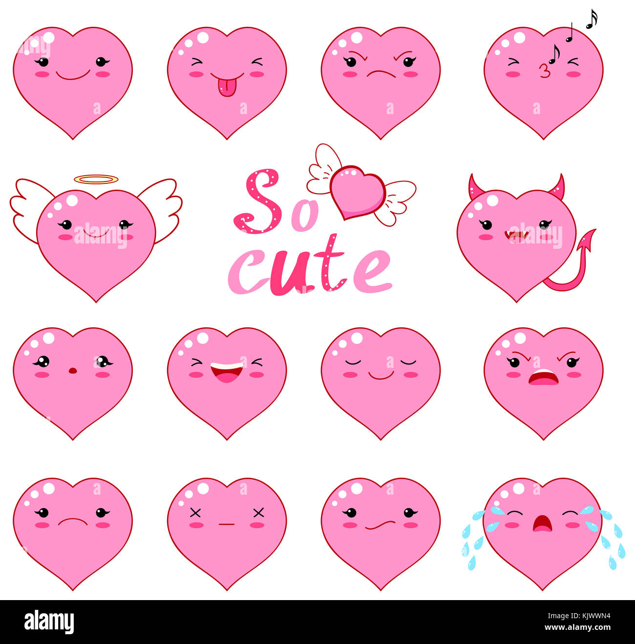 Funny smiley, émoticone style kawaii set. valentin coeurs de couleur ...