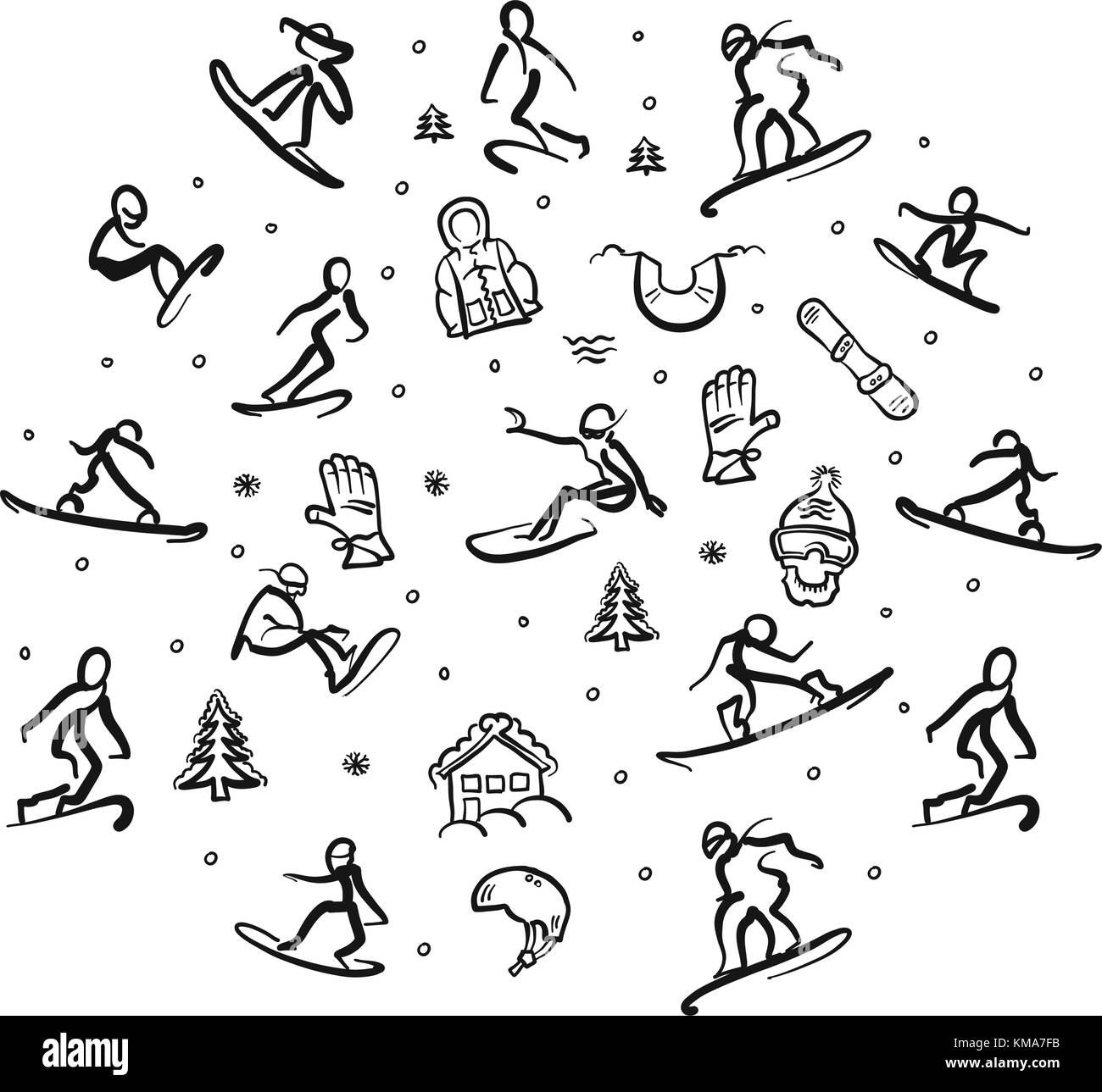 Snowboard Freestyle Doodle Set. Hand drawn vector dessin au trait Image ...