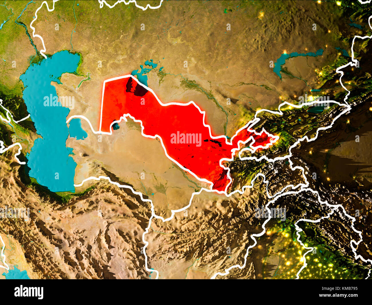 Ouzbékistan dans la matinée mis en évidence en rouge sur la planète ...