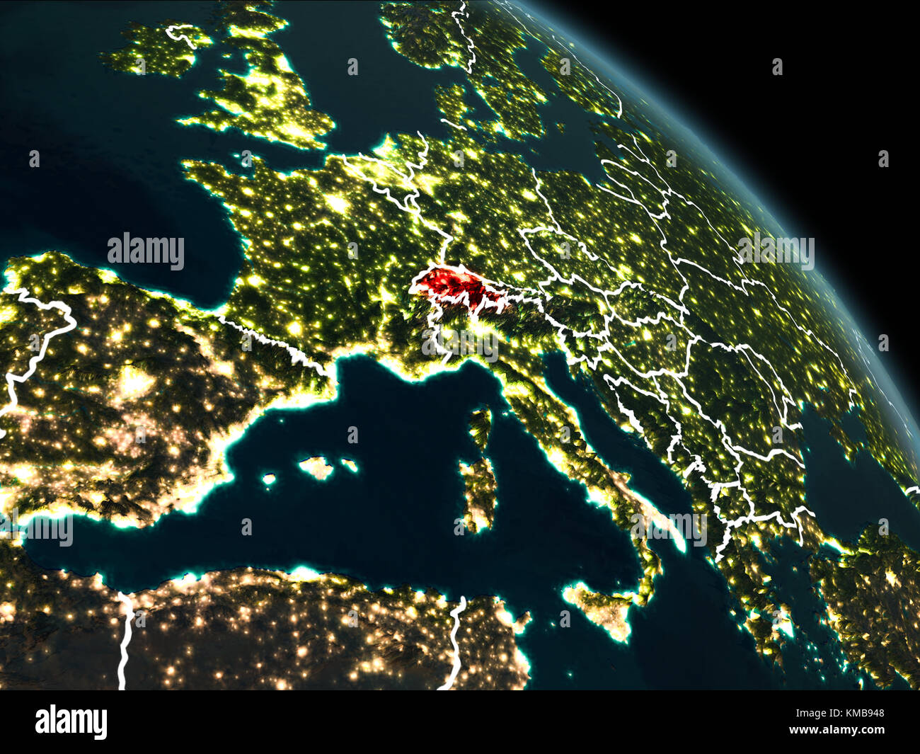 La Suisse à partir de l'orbite de la planète Terre de nuit avec des ...