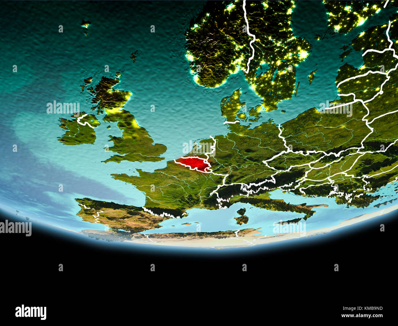 Pays de Belgique en rouge sur la planète Terre dans la soirée avec des ...