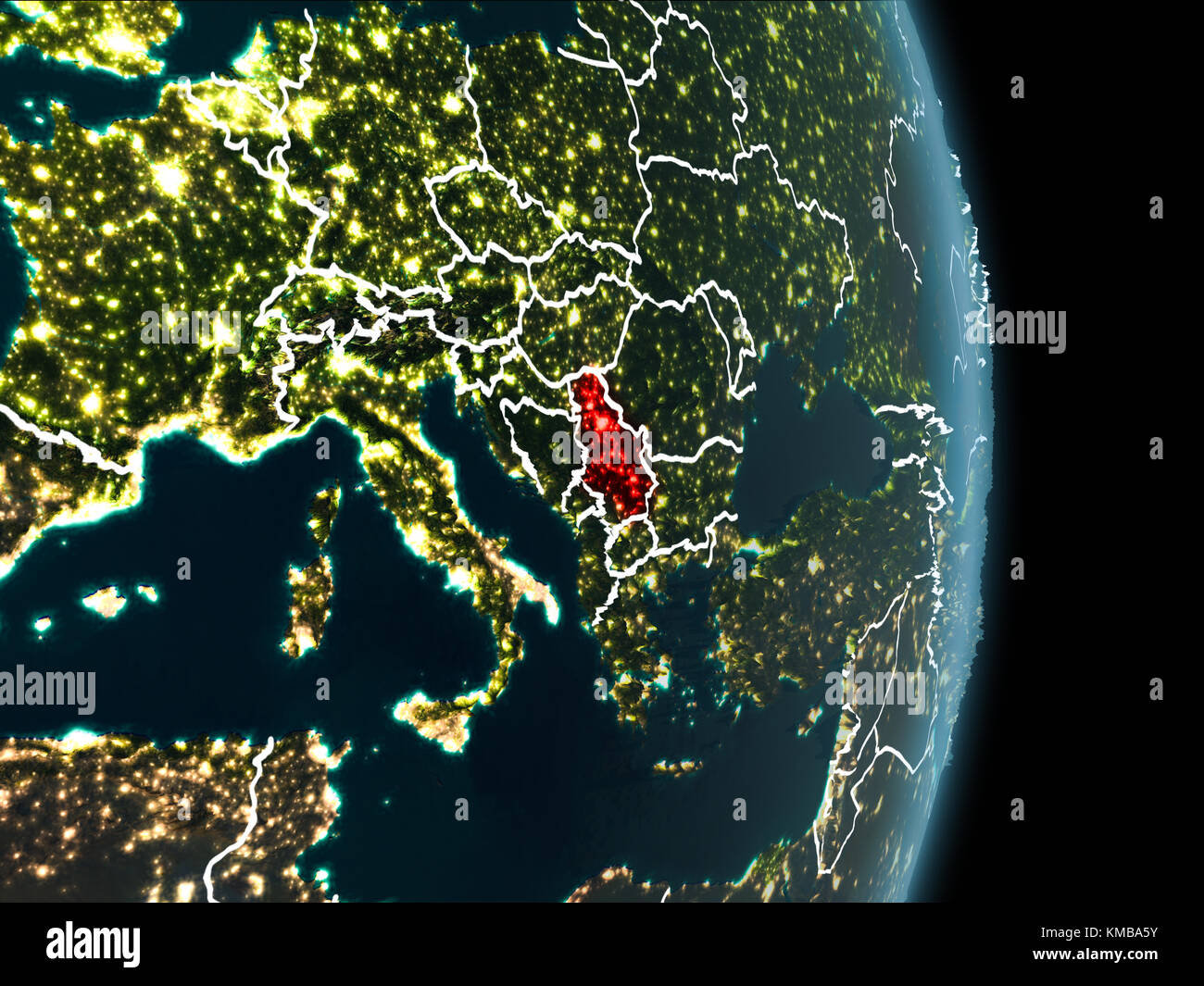 La carte de la Serbie en rouge vu de l'espace sur la planète Terre la ...