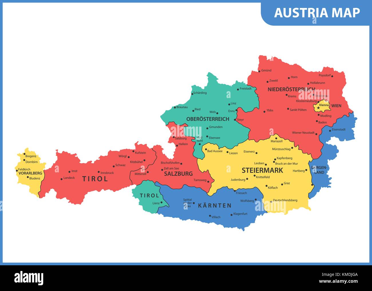 La carte détaillée de l'Autriche avec les régions ou États et villes ...