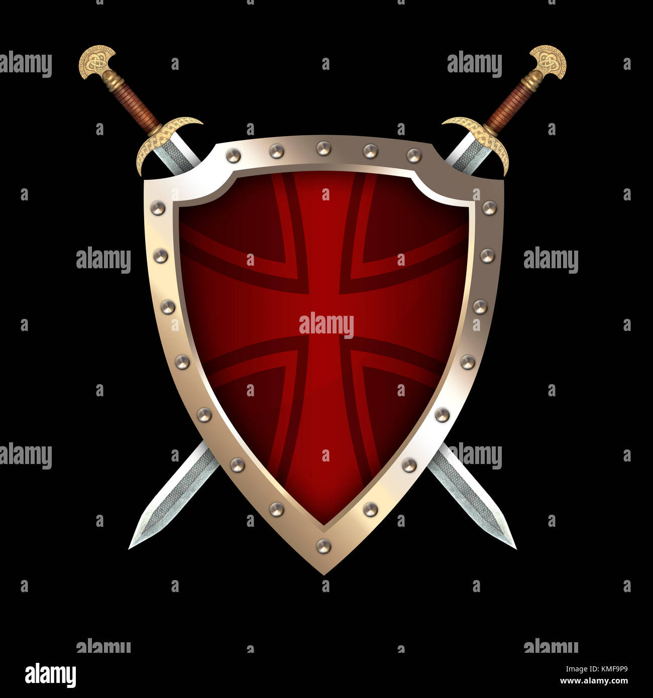 Bouclier Médiéval rouge avec deux épées et de croix de Malte sur fond ...
