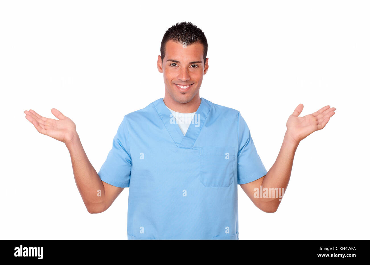 Portrait d'homme adulte infirmière sur son uniforme bleu palms en ...