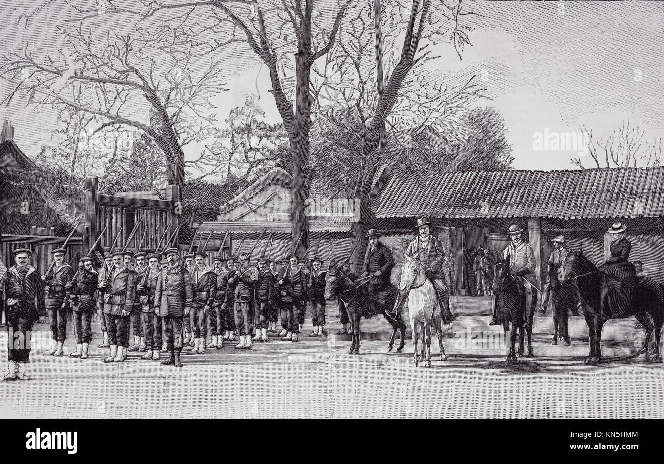 Beijing 1900, légation française protégée par une troupe de marine ...