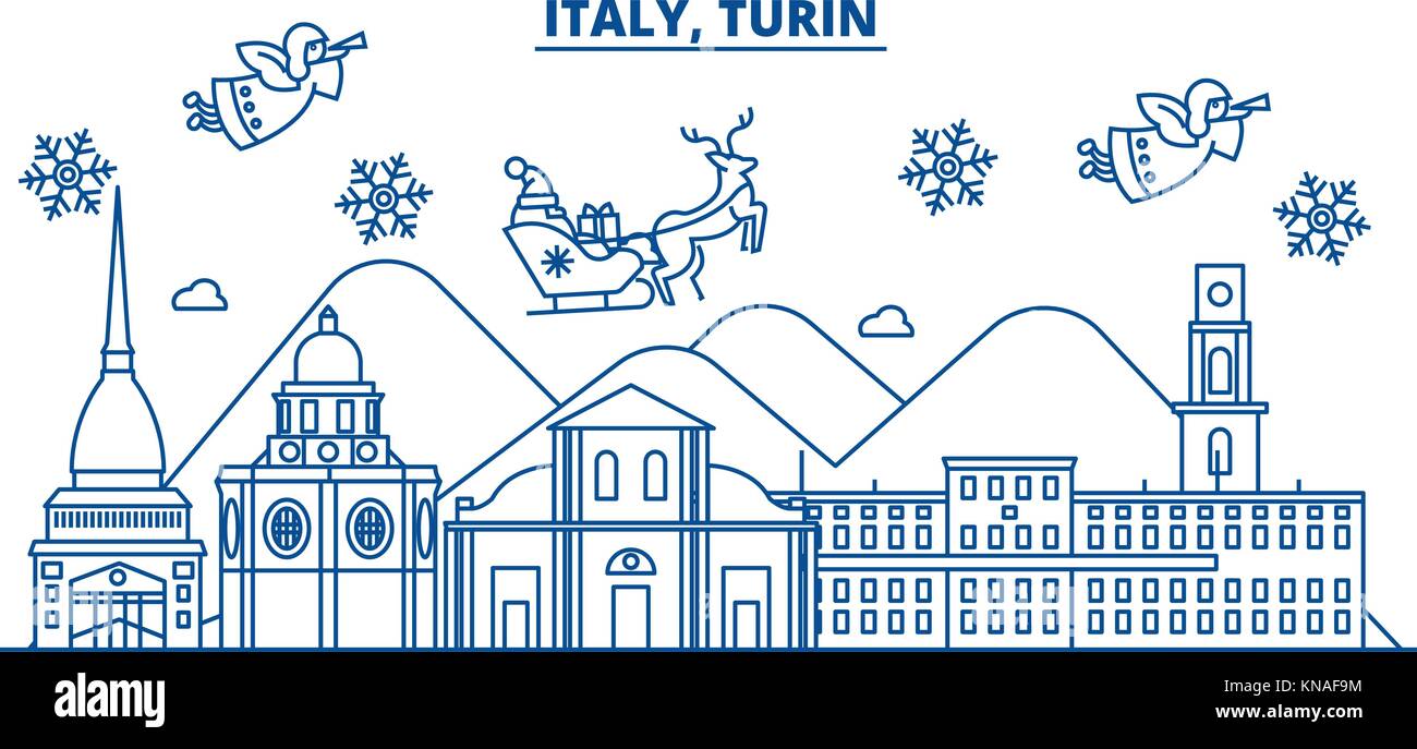 Italie Turin, ville d'hiver. joyeux noël, bonne année bannière décorée ...