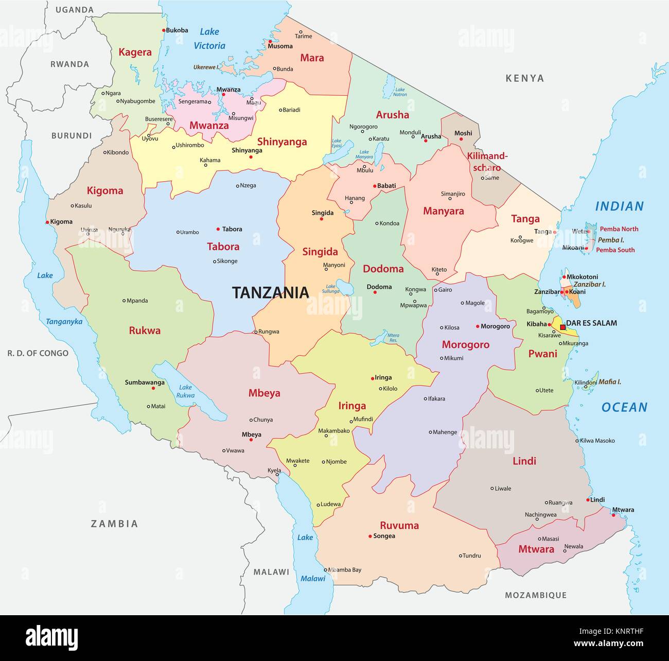 Tanzanie carte vectorielle administrative et politique Image Vectorielle Stock - Alamy