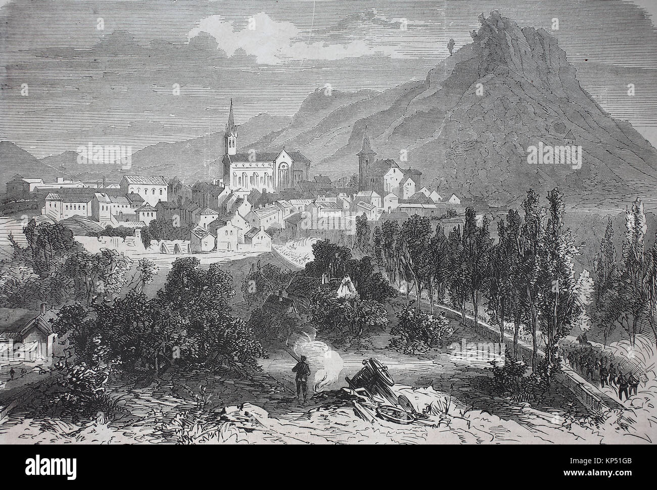 Vue de la ville de Forbach, France, en 1870, moment de la guerre franco ...