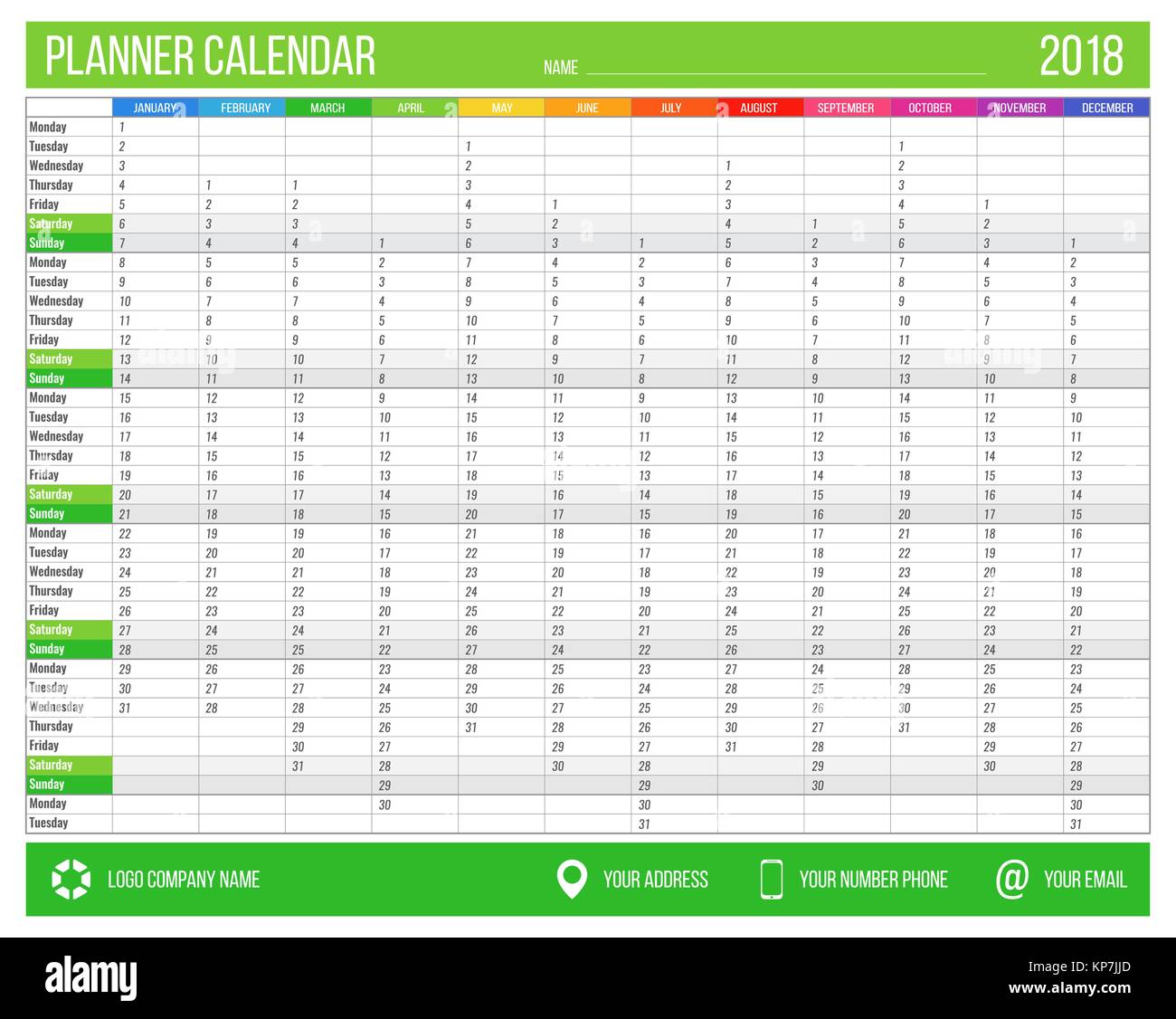 Planificateur de calendrier anglais pour l'année 2018. 12 mois ...