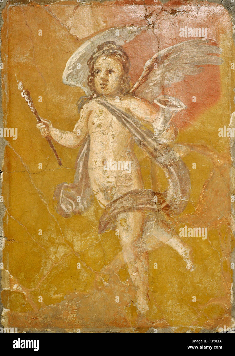 Fresque romaine représentant Cupidon avec une torche et un kantharos ...
