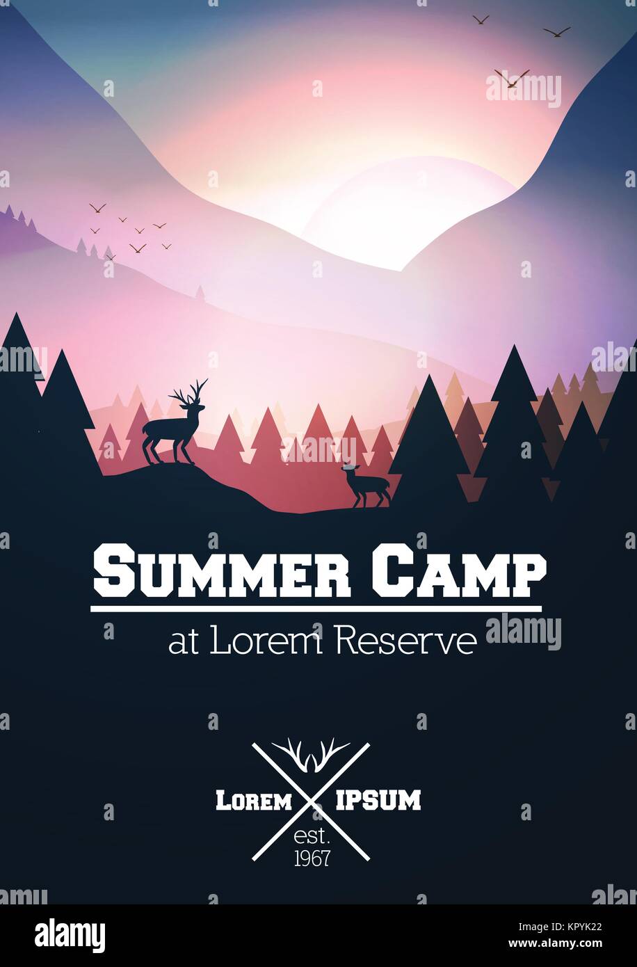 Summer Camp Flyer ou d'affiche avec montagnes, Stag sur Hill Top ...