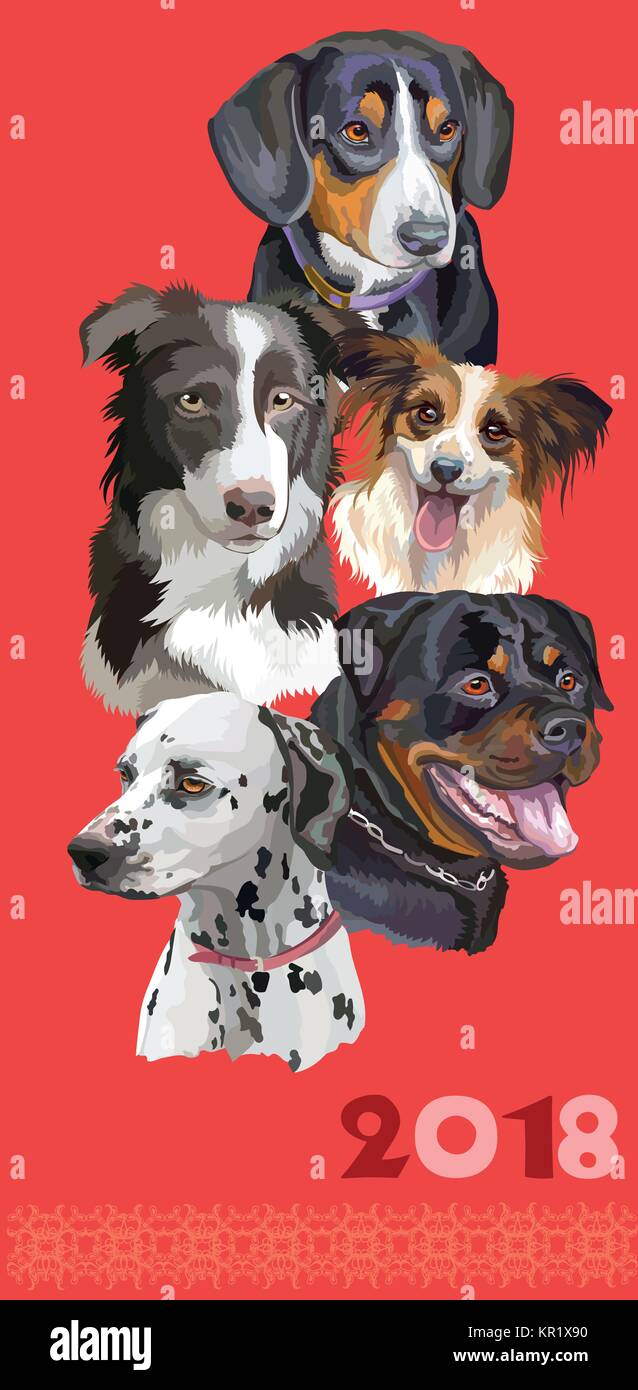 Carte postale verticale avec des chiens de races différentes ...