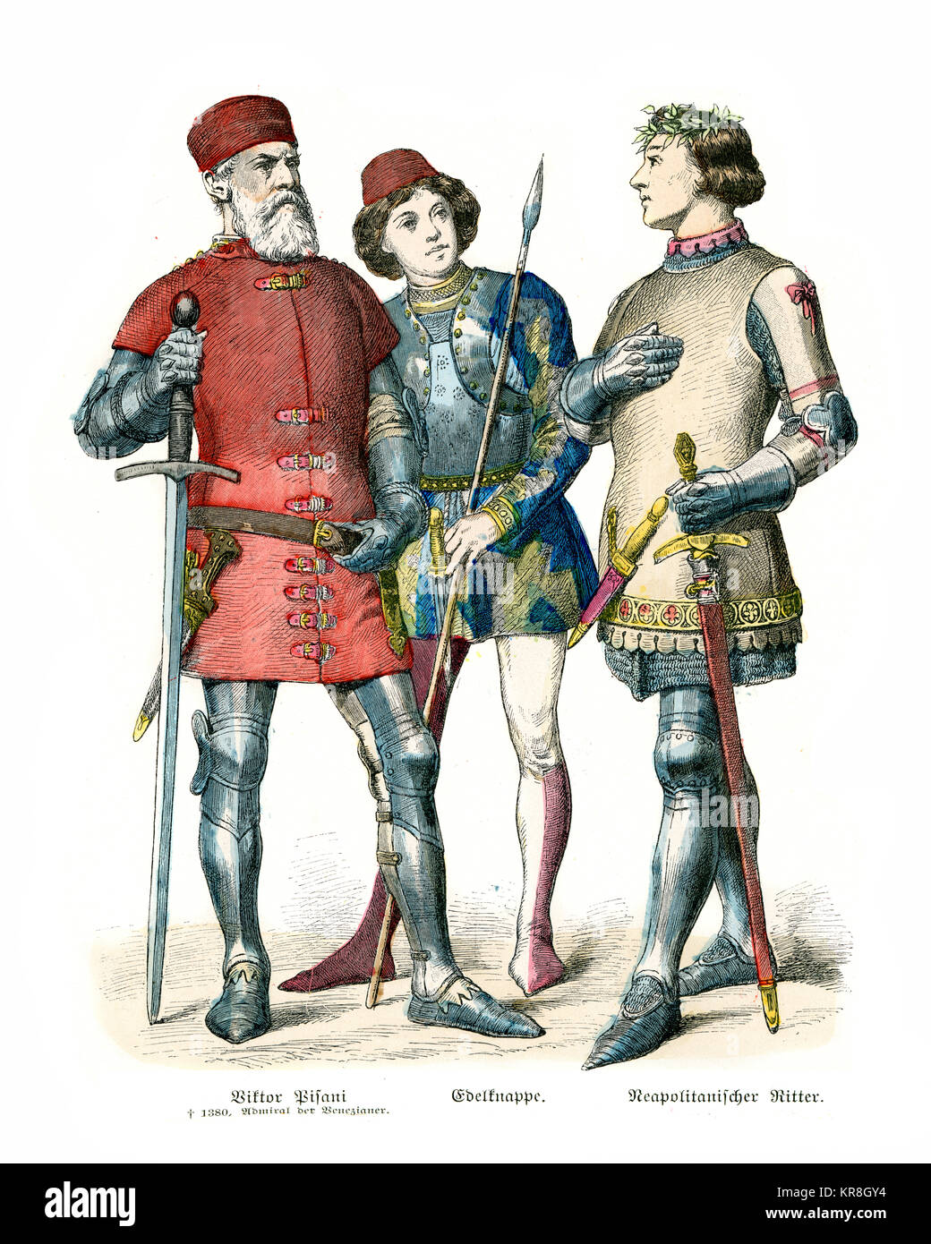 Vintage gravure de chevaliers de l'Italie médiévale, 14ème siècle ...