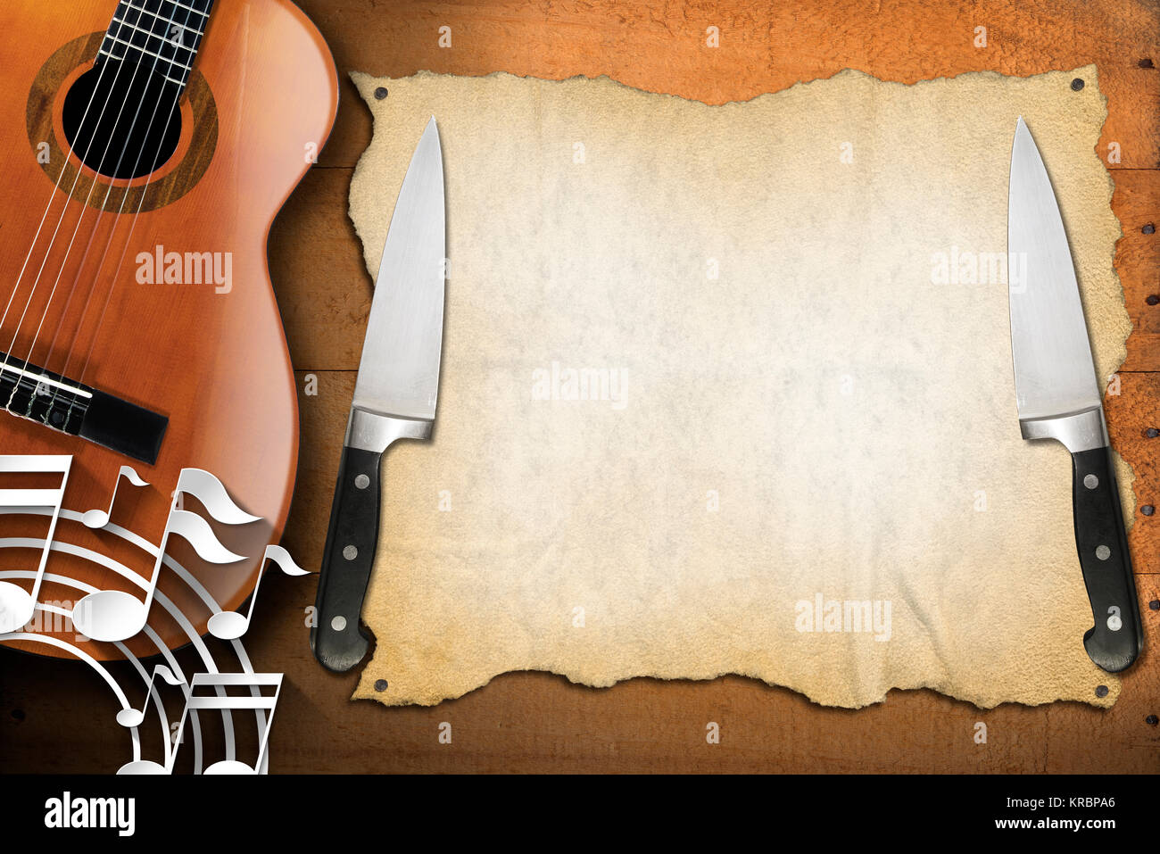 Guitare acoustique sur mur en bois avec parchemin vide, des notes de ...