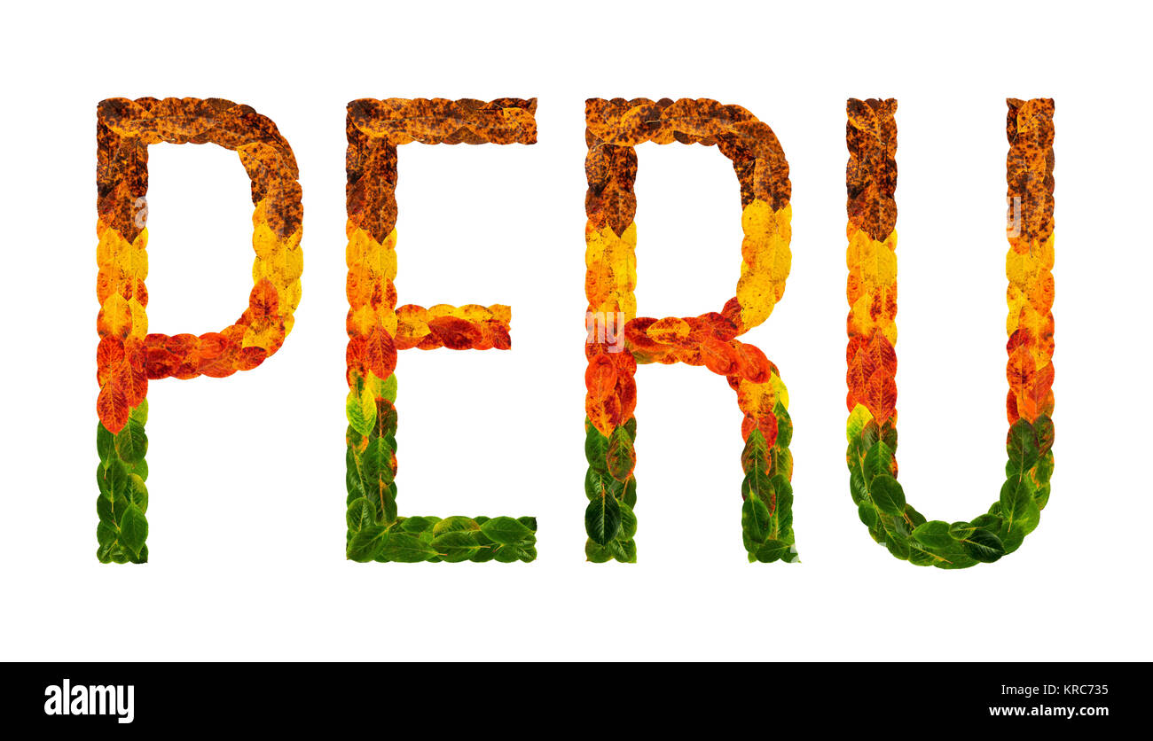 Mot du Pérou est écrit avec des feuilles sur fond blanc fond isolé, une ...