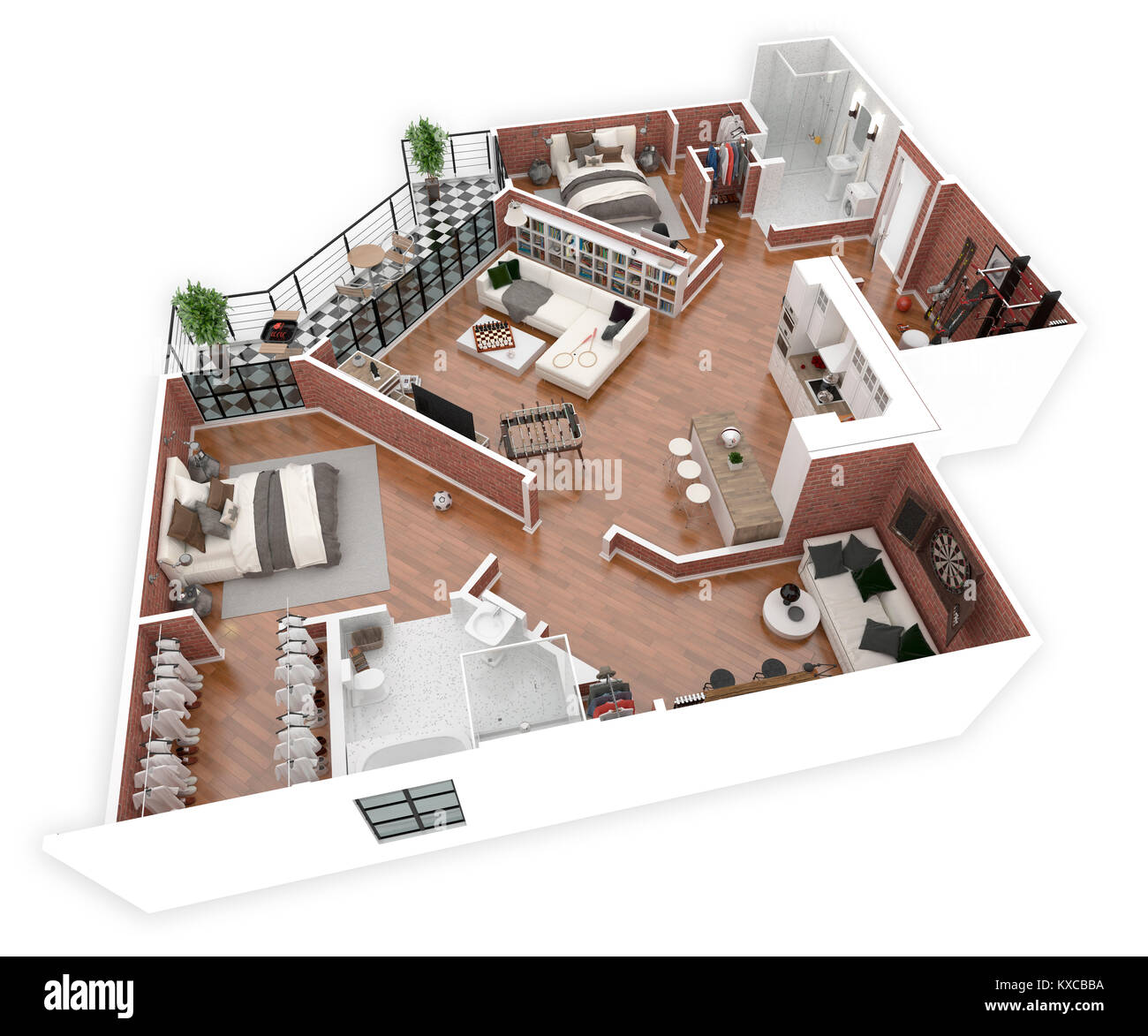 Plan d'étage d'une maison Vue de dessus 3D illustration. Ouvrir concept ...