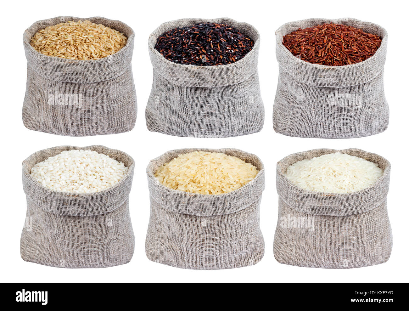 Différents types de riz en sacs isolé sur fond blanc. Collection Photo ...