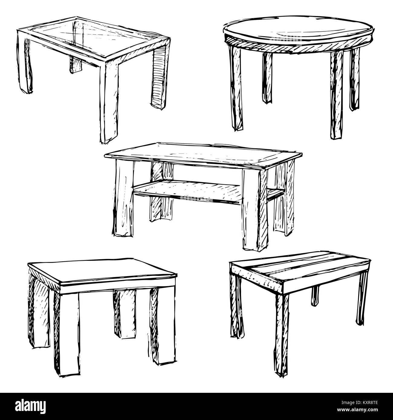 Jeu de croquis meubles isolés. Différentes tables. Tables noires ...