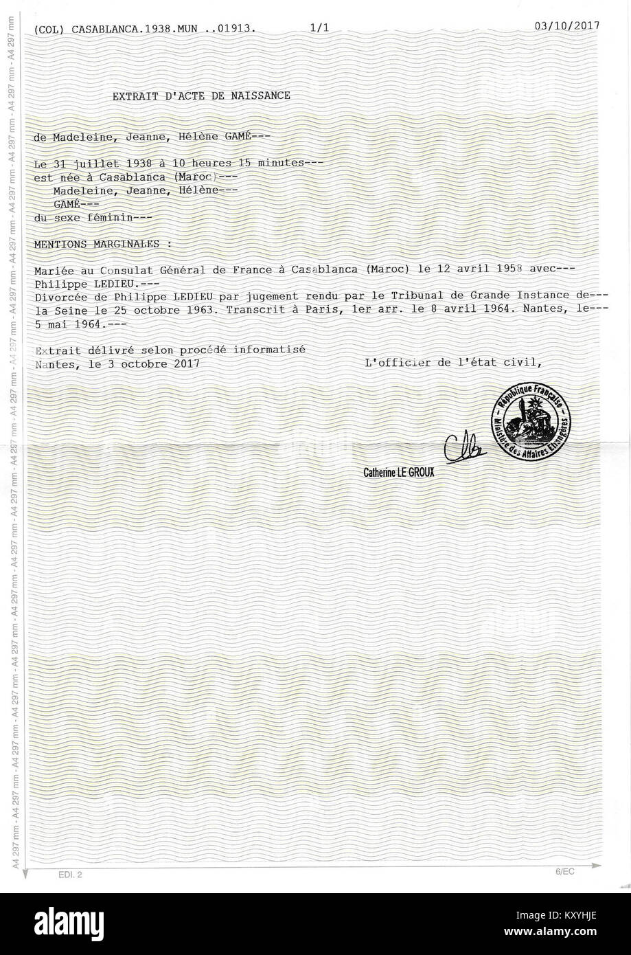 Extrait d'acte de naissance sans filiation de Marion Game (Jeu ...