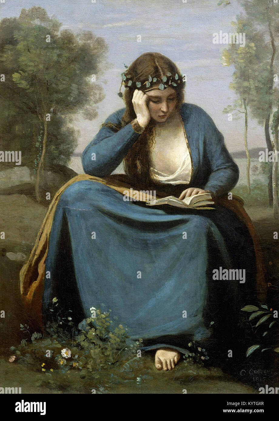 Camille Corot - French School Liseuse couronnée de fleurs ou la muse de ...