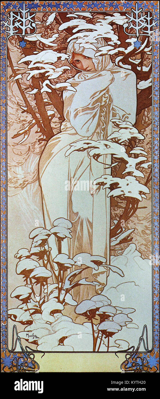 Alphonse Mucha (Alfons Maria) 1860 - 1939 Femme avec neige - Allégorie ...