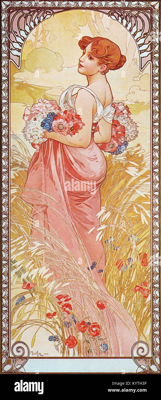 Alphonse Maria Mucha 1860 - 1939 Femme rose, fleurs de pays Photo Stock ...