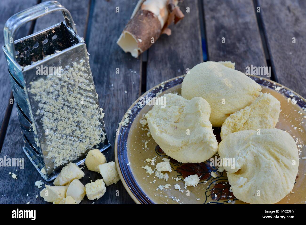 Grating fresh home grown organic cassava to prepare cassava bread ...