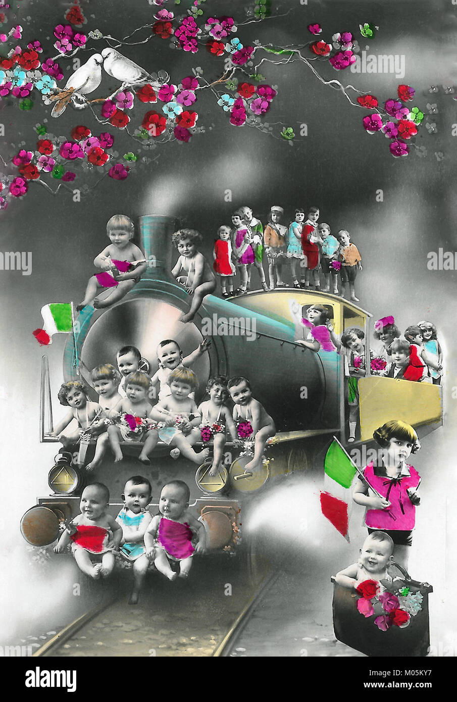 Début de collage photo de vingt-neuf bébés et enfants dans un train ...