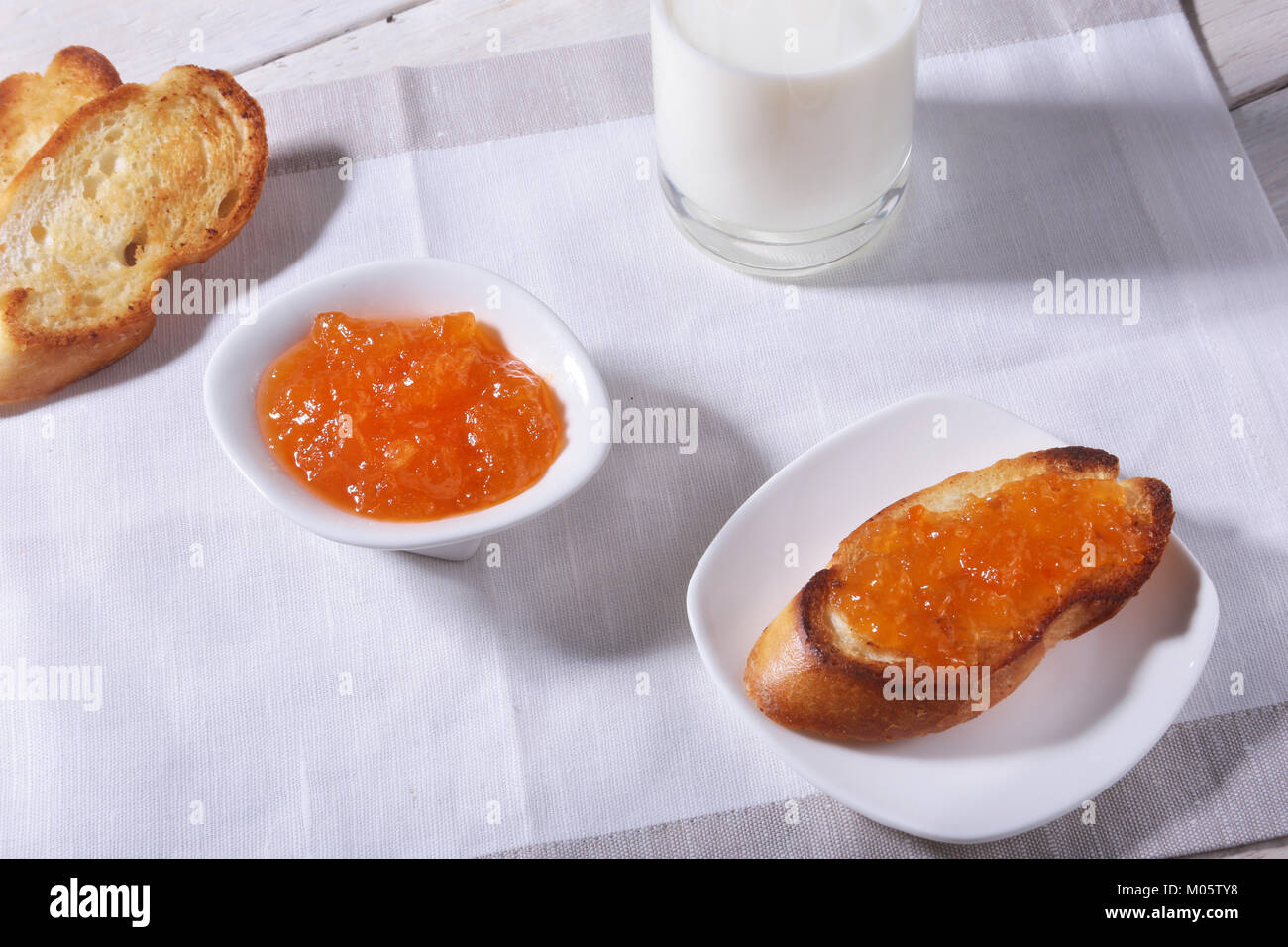 Matin Petit déjeuner avec de la confiture d'orange sur le pain grillé et le lait dans le verre ...